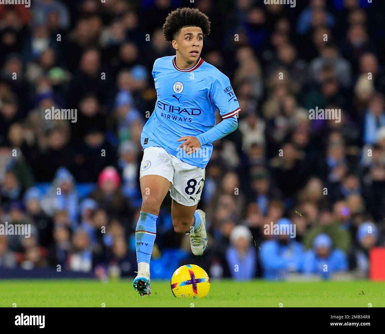 Rico Lewis #82 of Manchester City in action during the Premier League ...