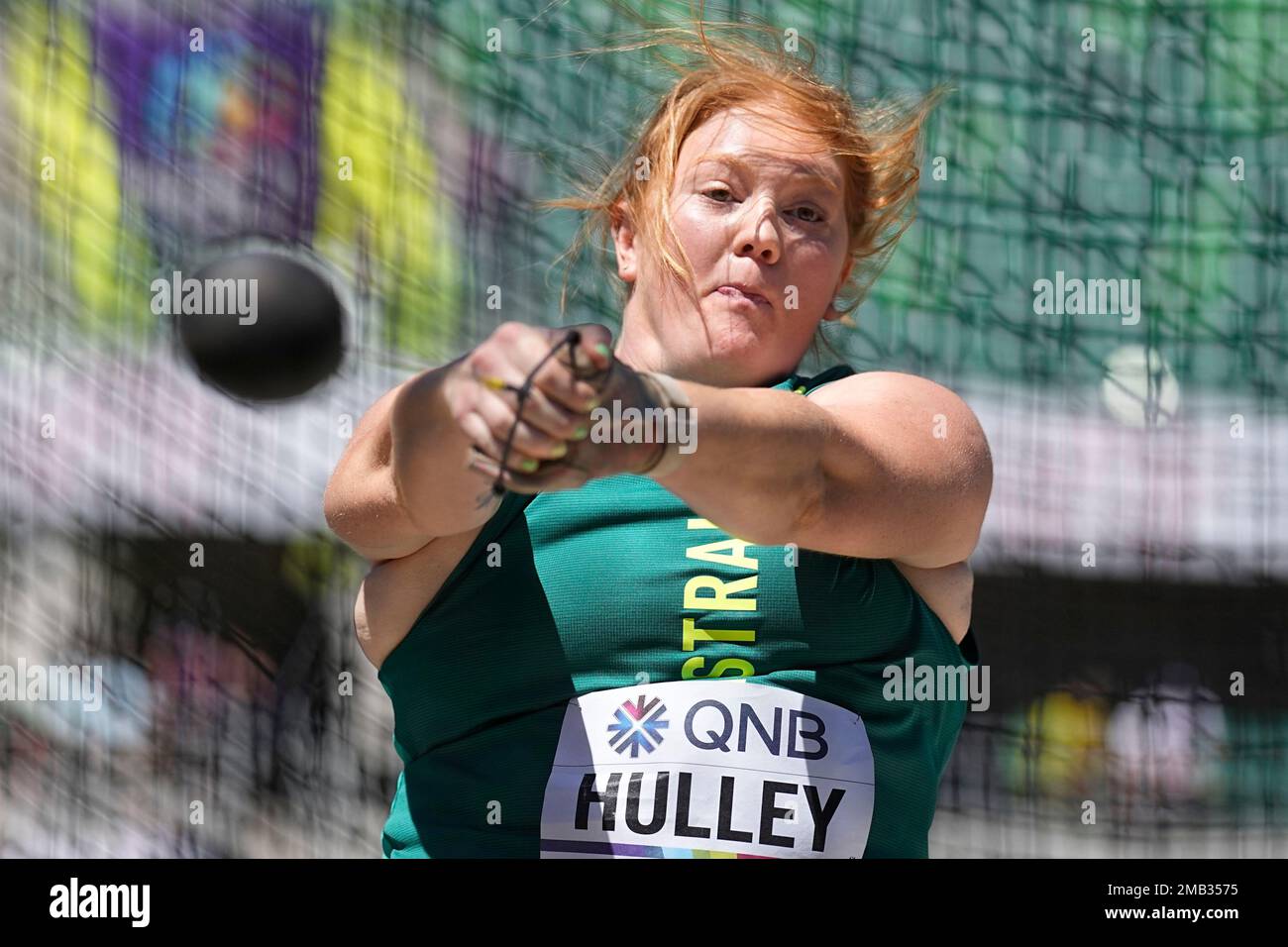 Alexandra Hulley, of Australia, competes in the hammer throw at the ...