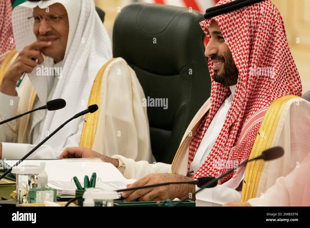 Saudi Crown Prince Mohammed bin Salman smiles as he meets with ...