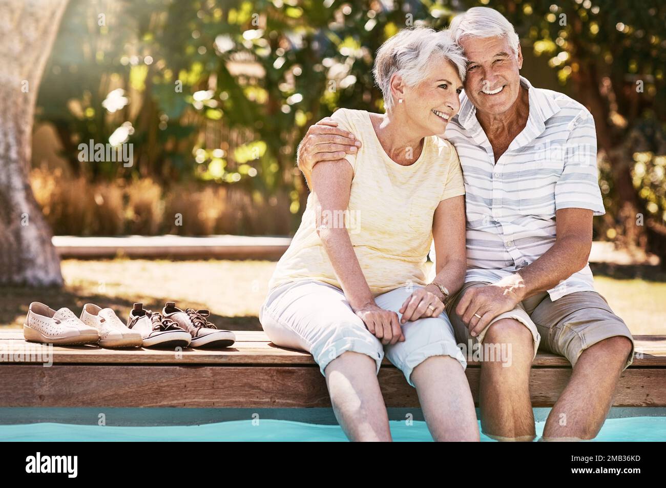Senior Couple Hug And Swimming Pool For Summer Vacation Love Or Relax