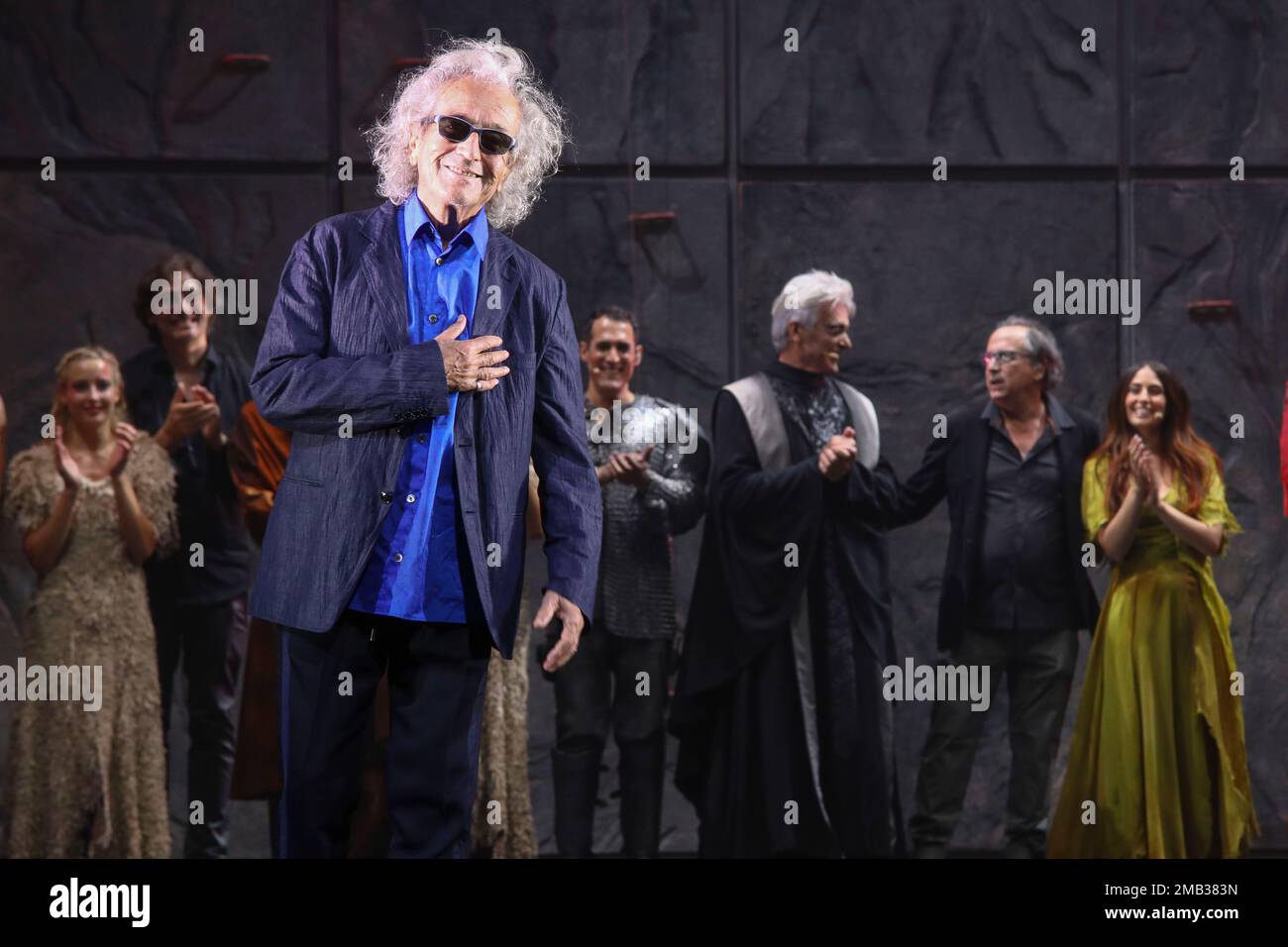 Author Luc Plamondon appears on stage at the "Notre Dame de Paris ...