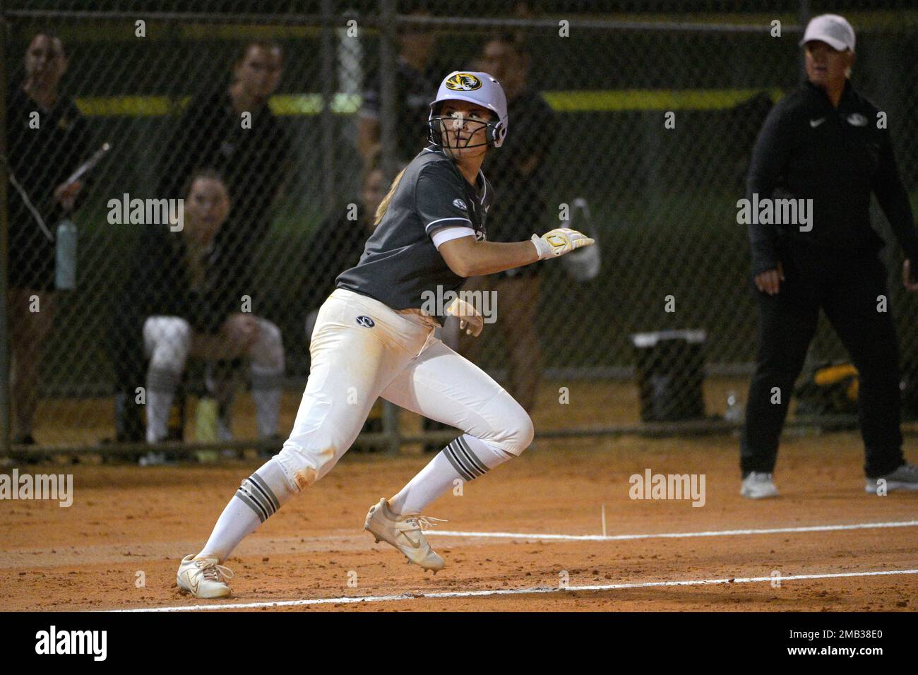 Missouri's Kendyll Bailey (2) runs back to third base during an NCAA ...