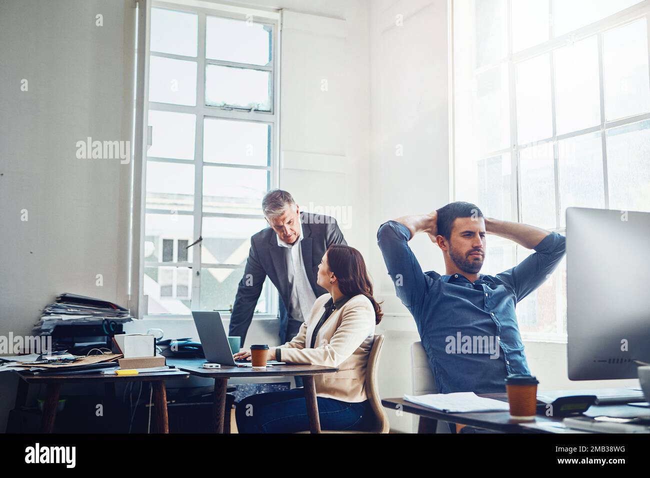 Business man, computer and relax in office after finishing project or ...