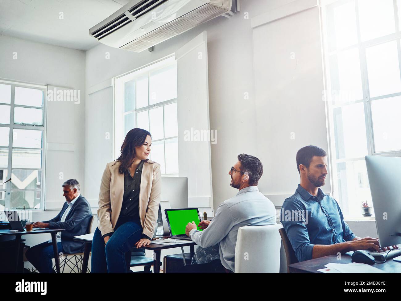 Laptop green screen, teamwork and business people in office talking ...