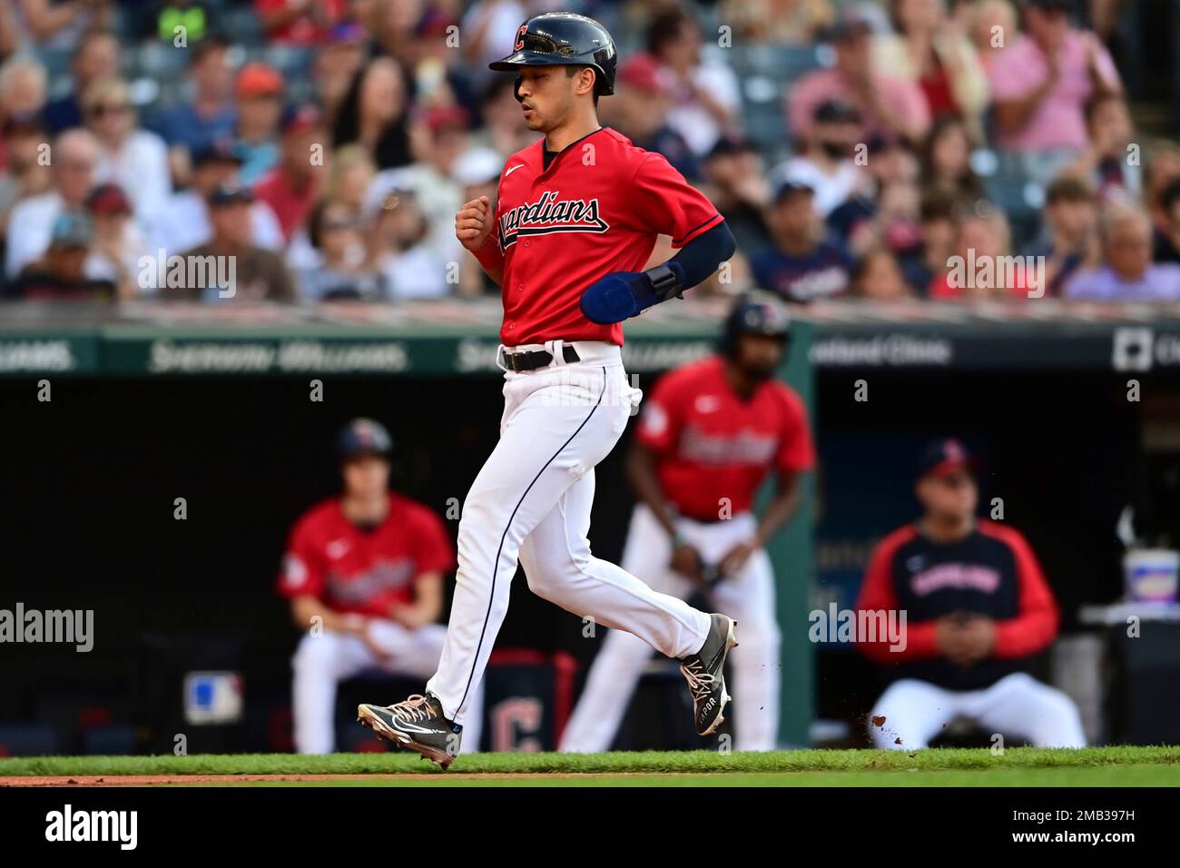 Cleveland Guardians' Steven Kwan scores on a single by Jose Ramirez ...