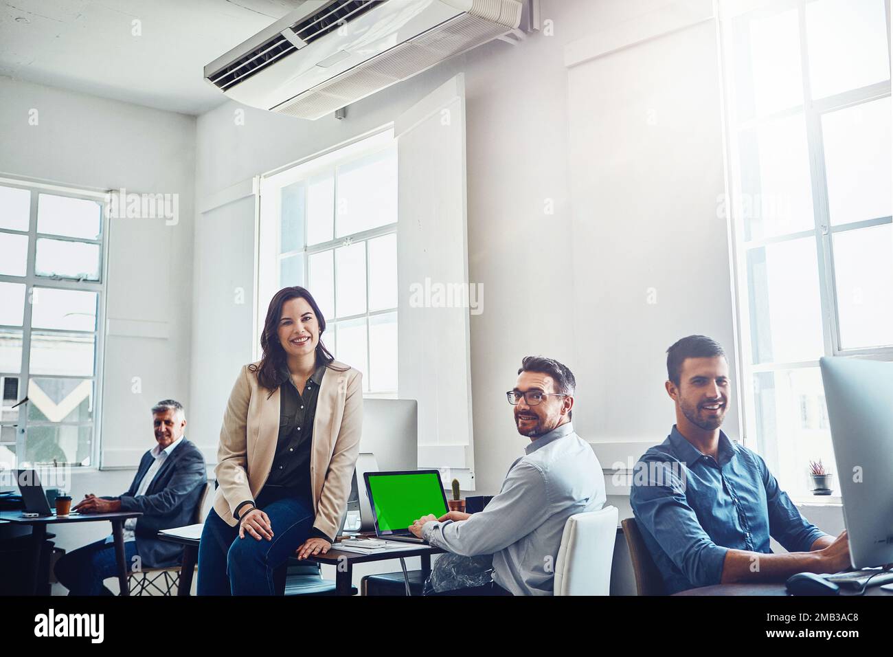Laptop green screen, teamwork and portrait of business people in office ...