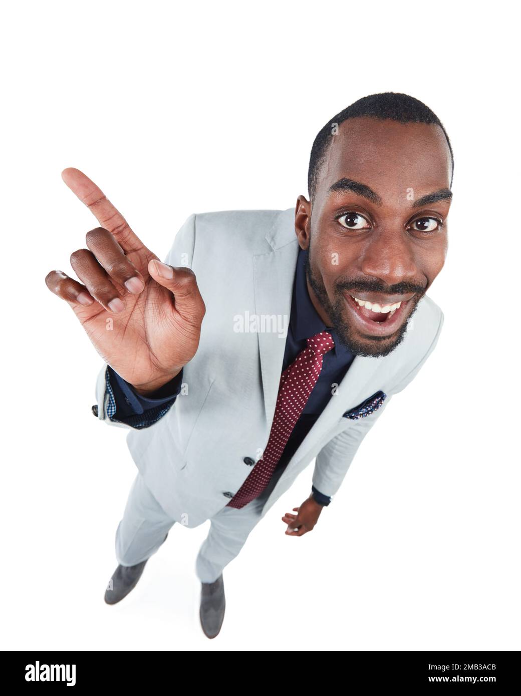 High angle, portrait or worker pointing finger on isolated white ...