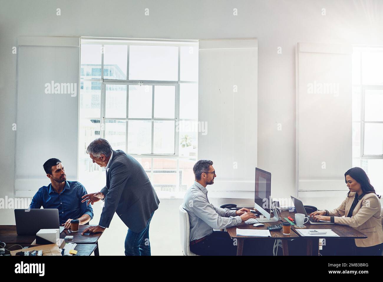 Productivity, office and business people at desk working on project ...