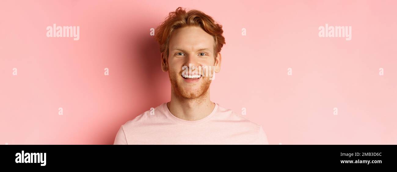 Headshot of happy redhead man with beard and white teeth, smiling ...
