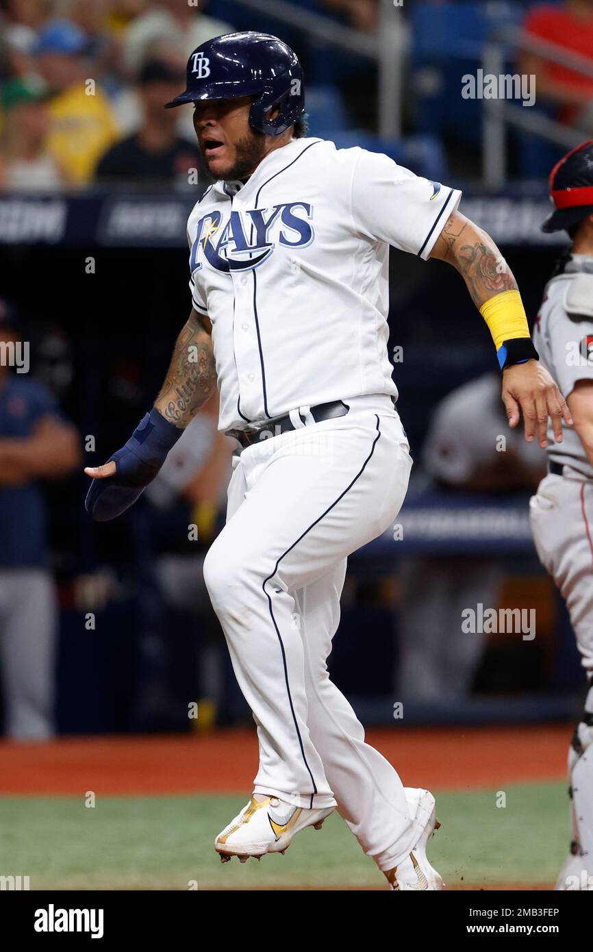 Tampa Bay Rays' Harold Ramirez reacts after scoring during a baseball ...
