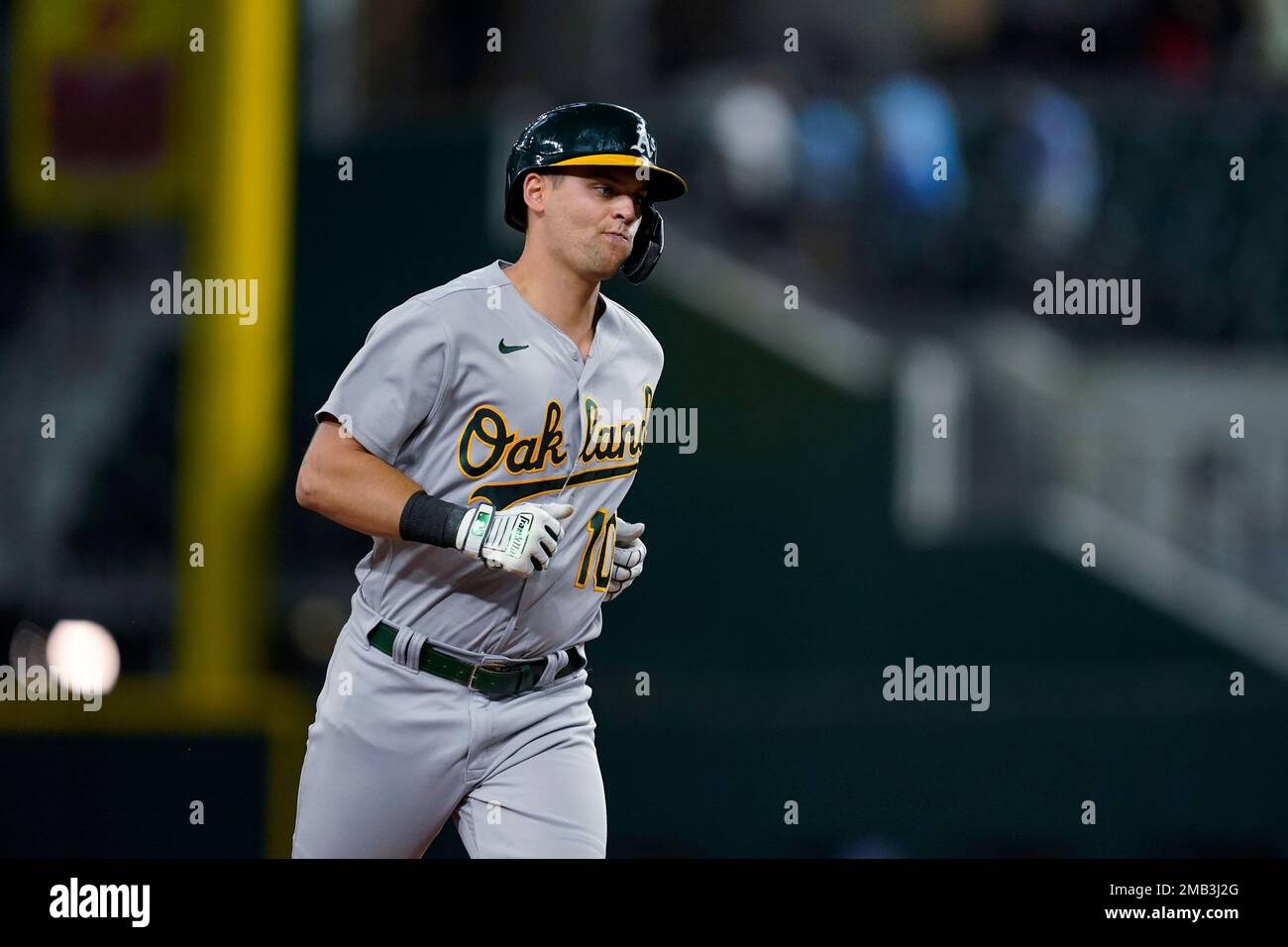 Oakland Athletics' Chad Pinder runs the bases after hitting a grand ...