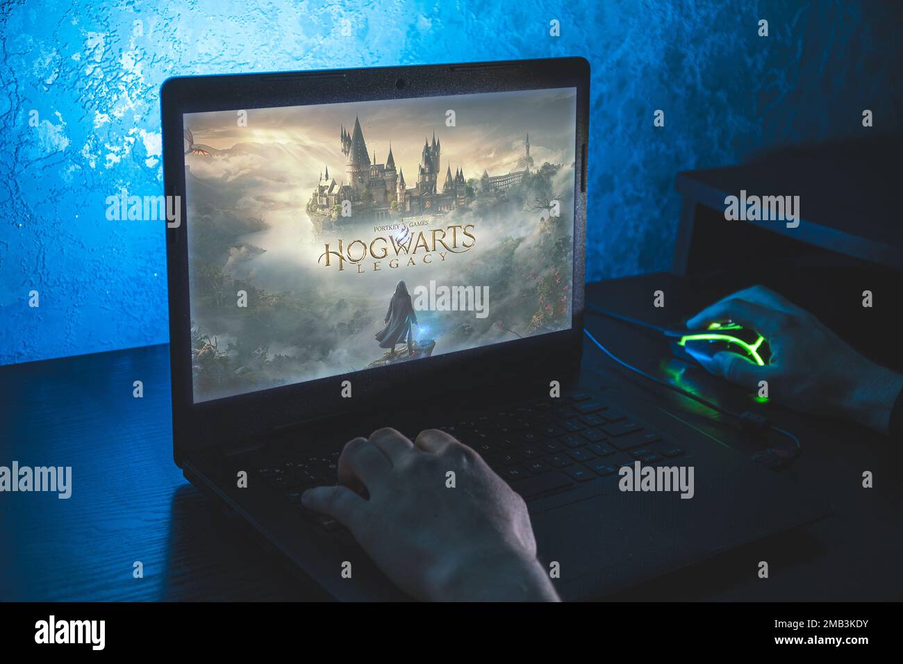 Hogwarts legacy new video game. Close up shoot of playing video game on ...