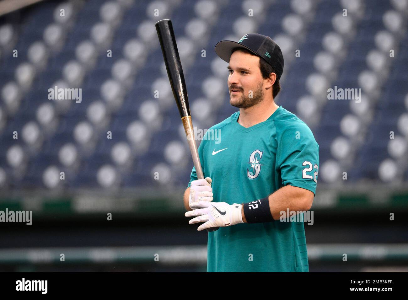 Seattle Mariners' Luis Torrens looks on during batting practice before ...