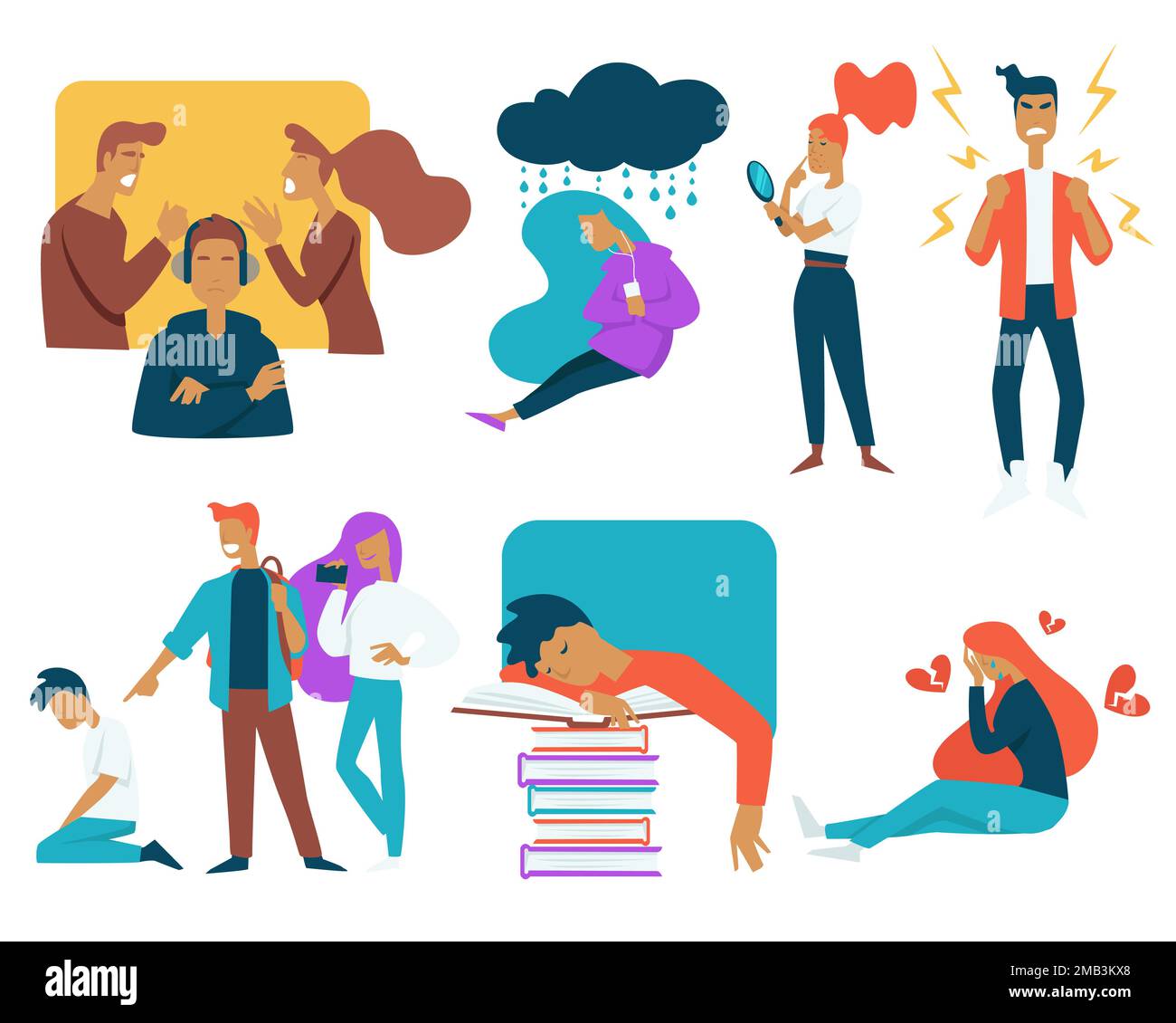 Teenager stress and growing up strugles isolated characters Stock ...