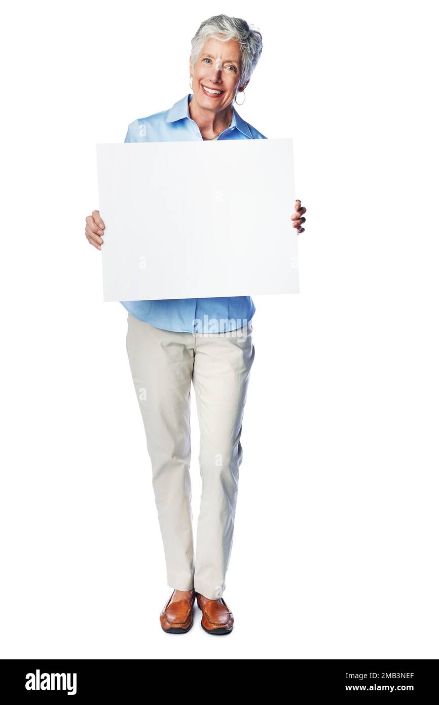 Poster mockup, studio portrait and senior woman with marketing placard ...