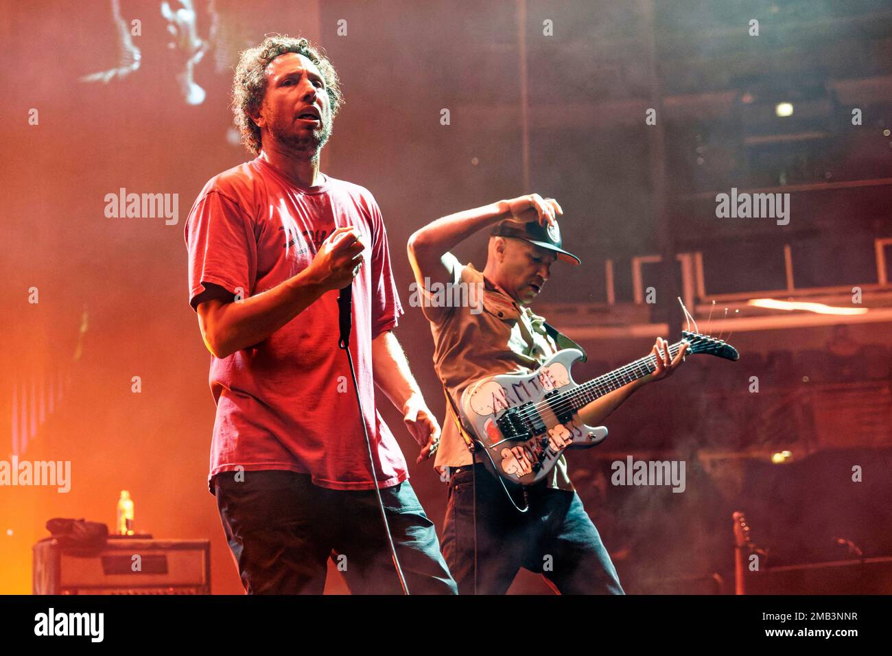 Zack de la Rocha, left, and Tom Morello of Rage Against The Machine ...