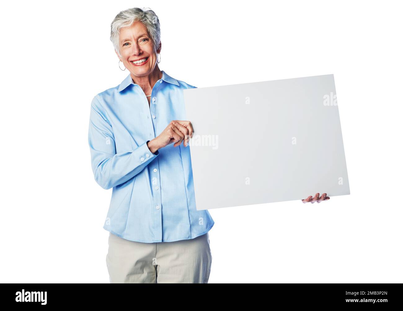 Poster mockup, smile and portrait senior woman with marketing placard ...