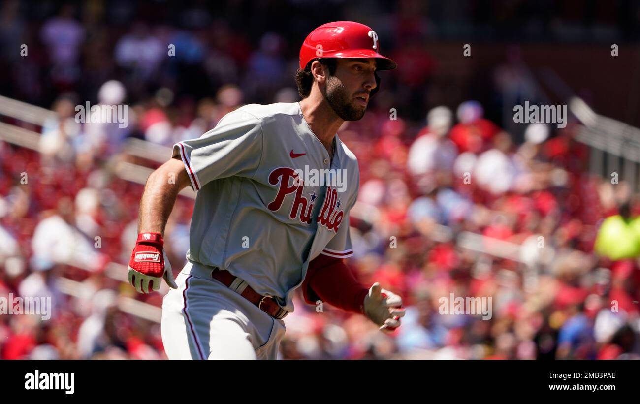 Philadelphia Phillies' Matt Vierling heads to first on an RBI single ...