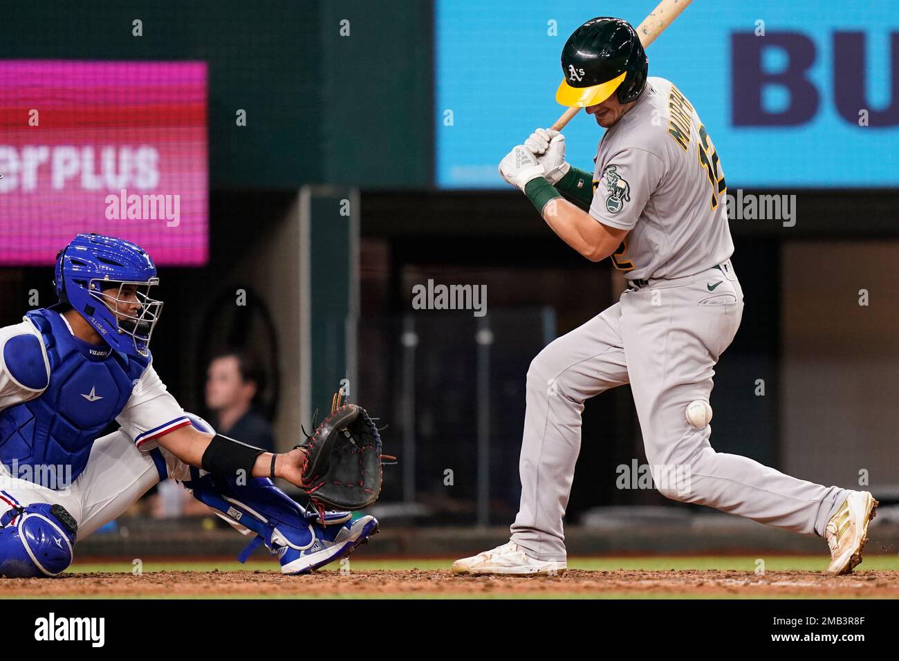 Oakland Athletics Sean Murphy (12) is hit by pitch during a baseball ...