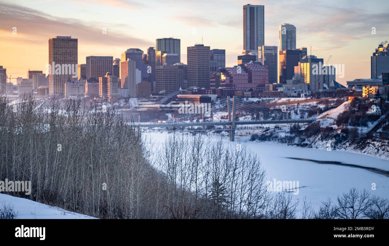 An aerial view of cityscape Edmonton surrounded by buildings during ...