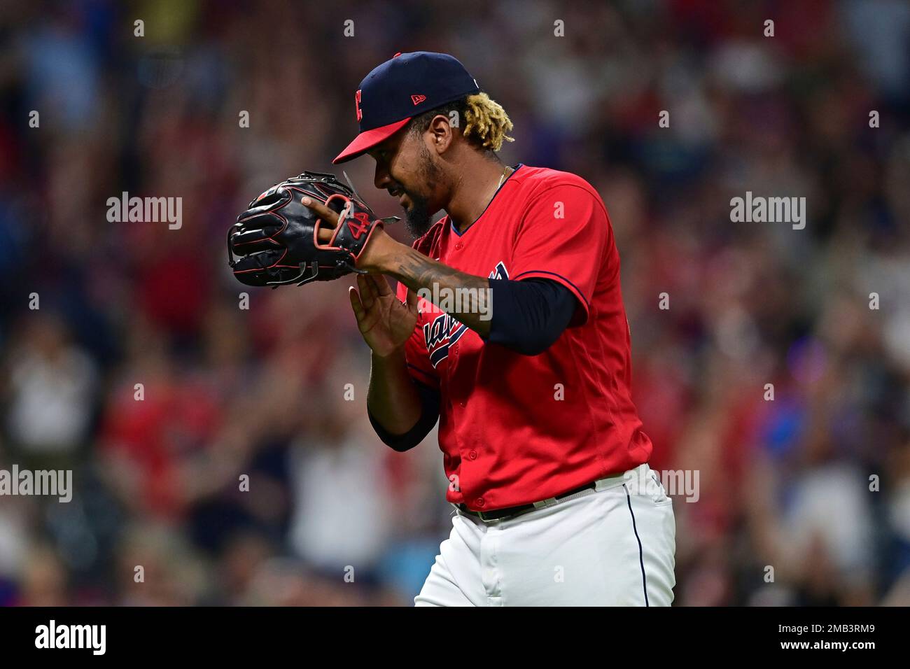 Cleveland Guardians relief pitcher Emmanuel Clase reacts after the ...