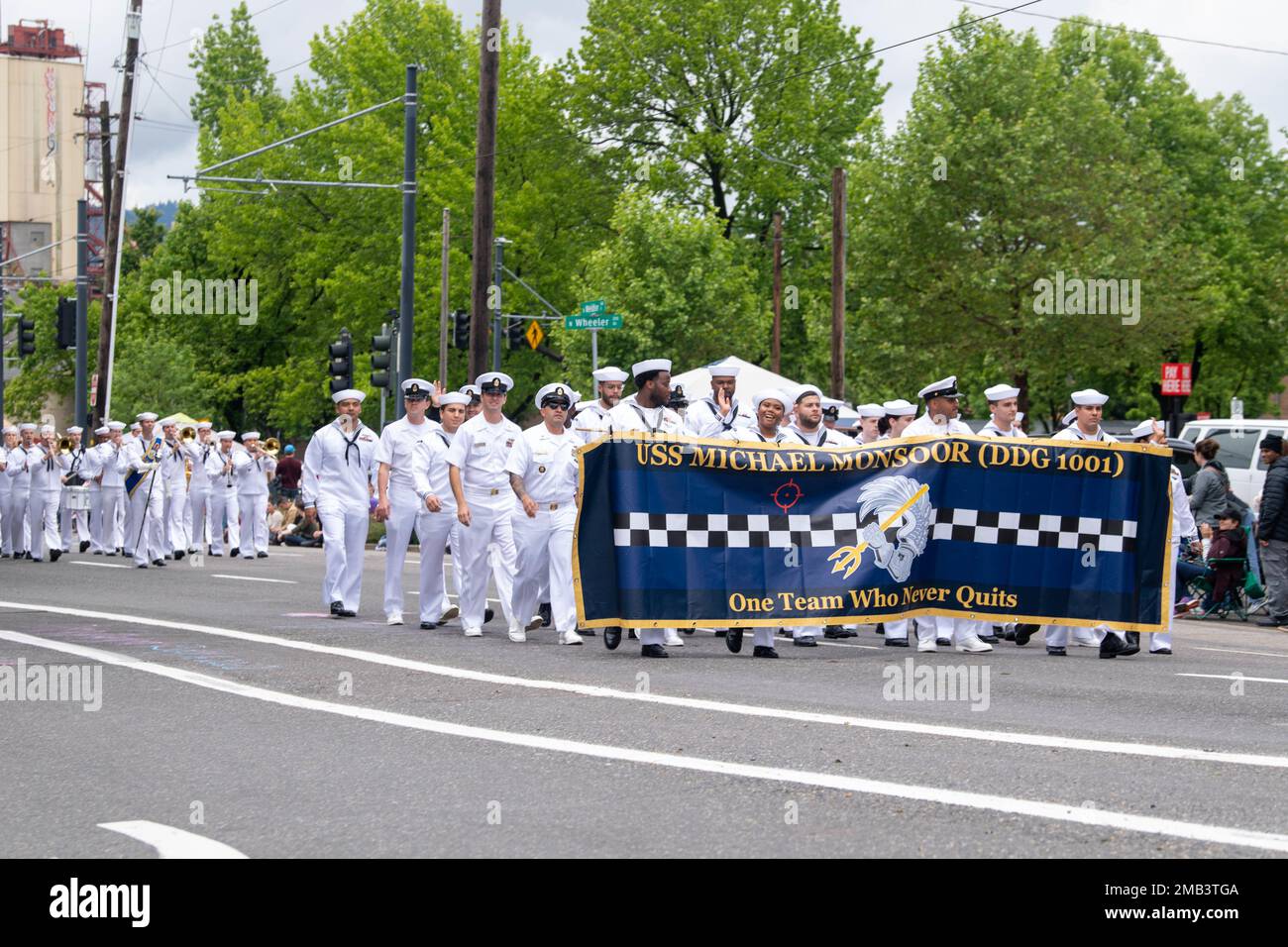 U.S. Sailors assigned to the Zumwalt-class destroyer USS Michael ...