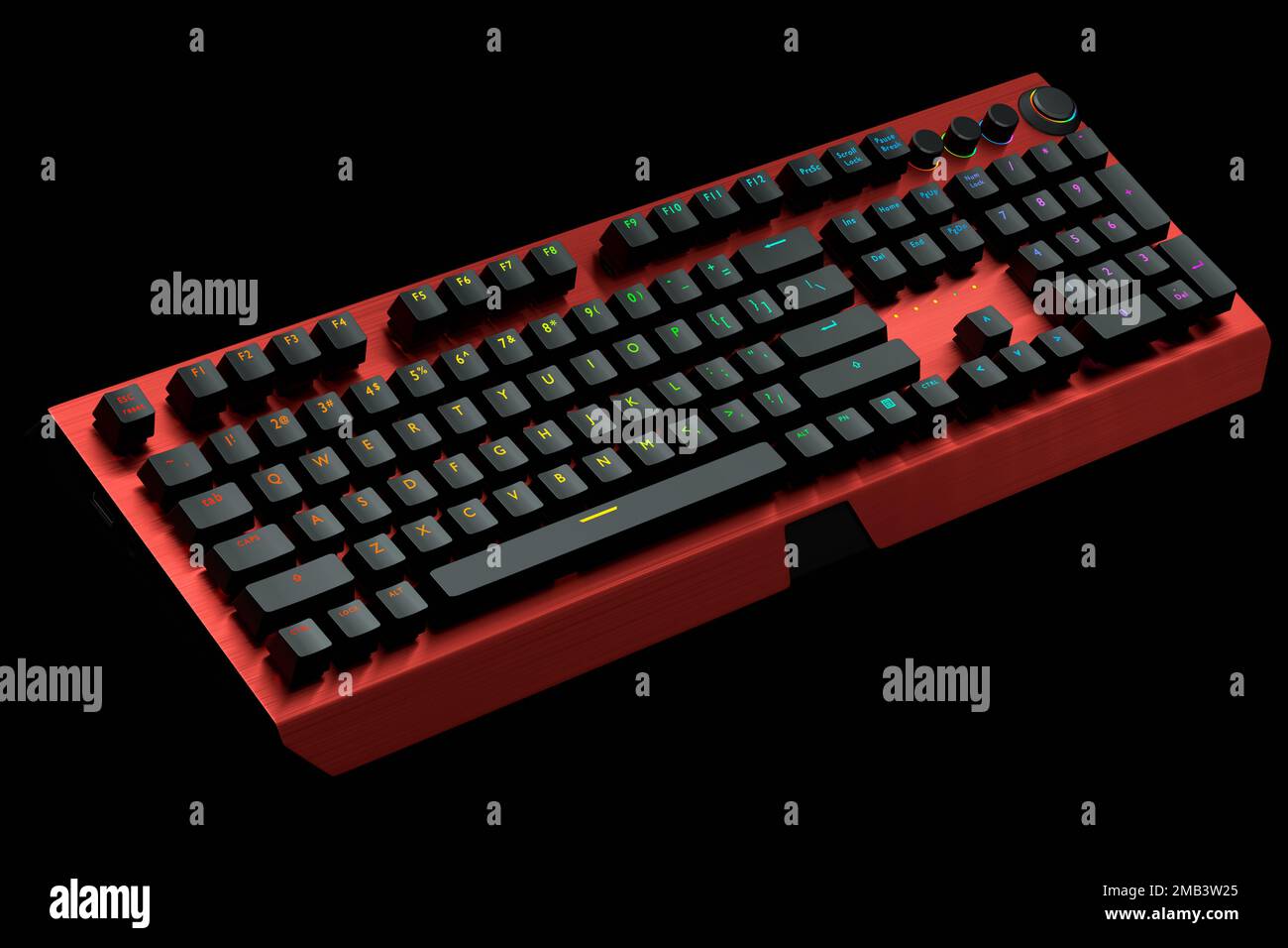 Red computer keyboard with rgb colors isolated on black background ...