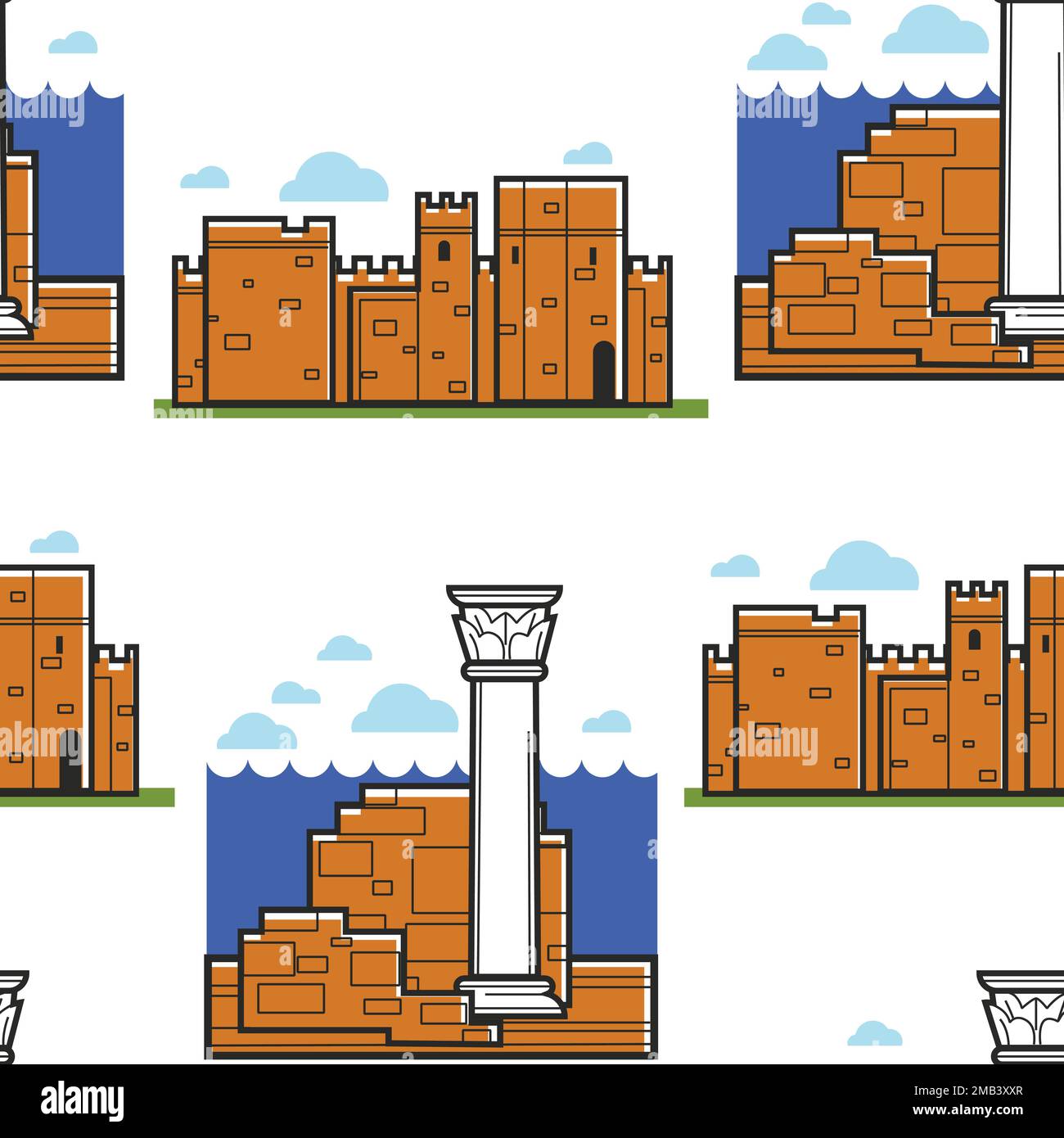 Old ruins castle or fortress Tunisia architecture seamless pattern ...