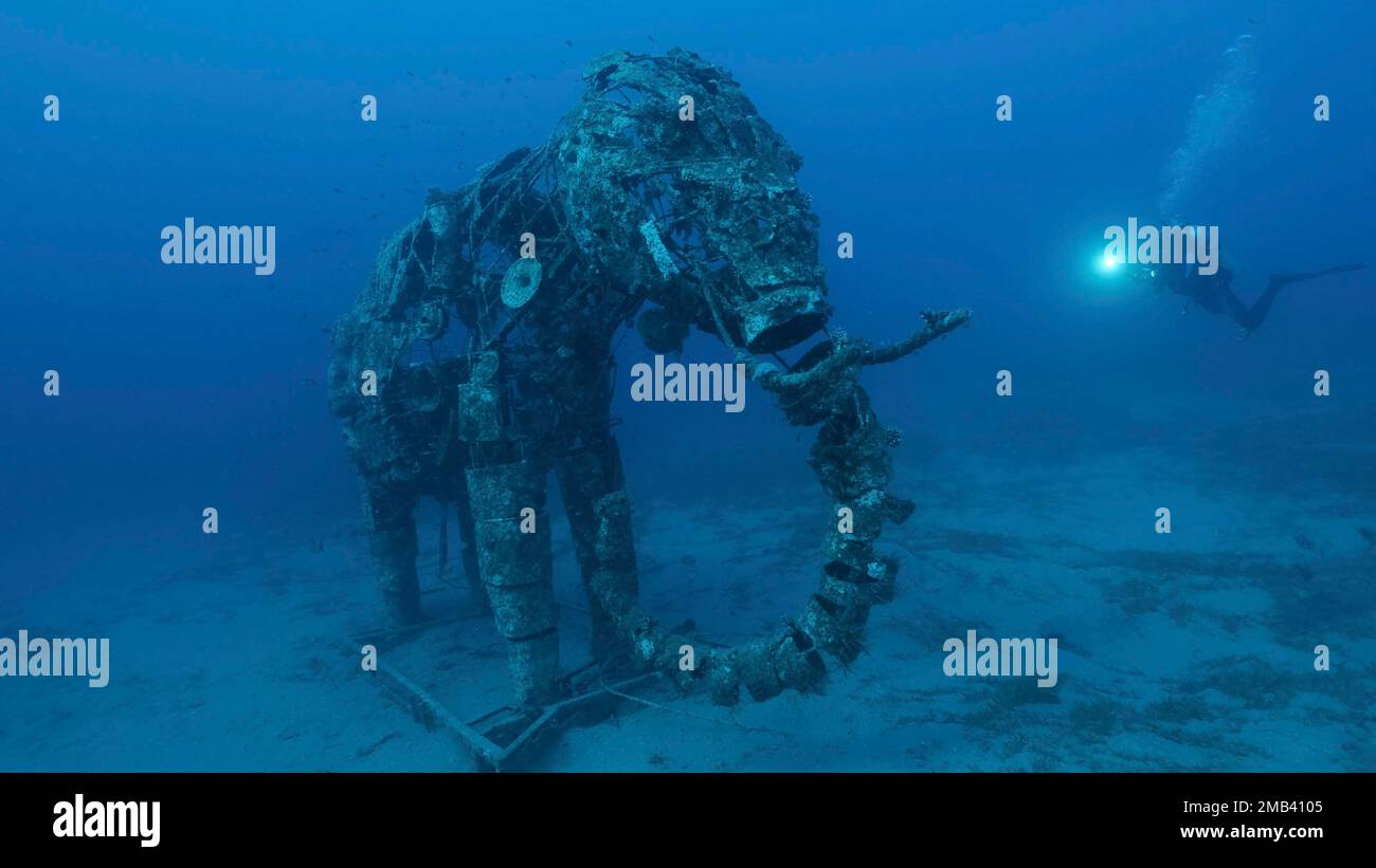 Sculpture of an elephant on the seabed. Lighthouse dive site, Red Sea ...