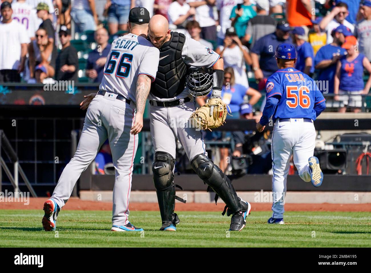 Miami Marlins pitcher Tanner Scott (66) and catcher Jacob Stallings ...