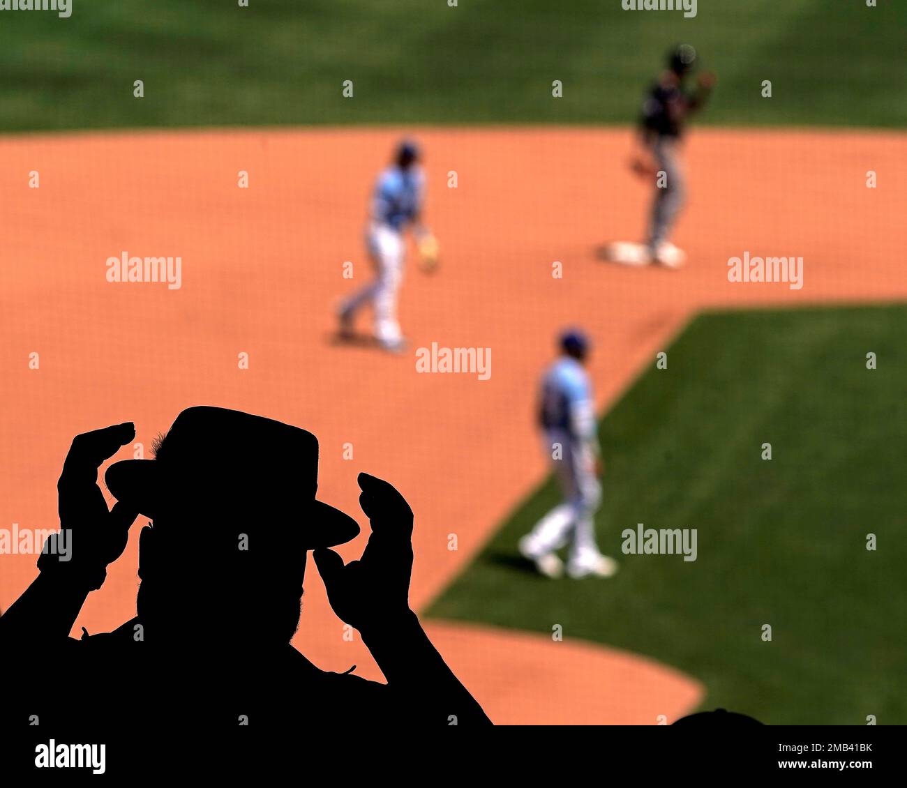 A fan watches during the fifth inning of a baseball game between the ...