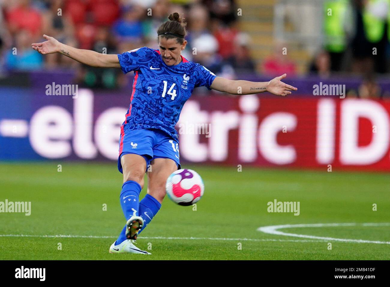 France's Charlotte Bilbault takes a shot during the Women Euro 2022 ...