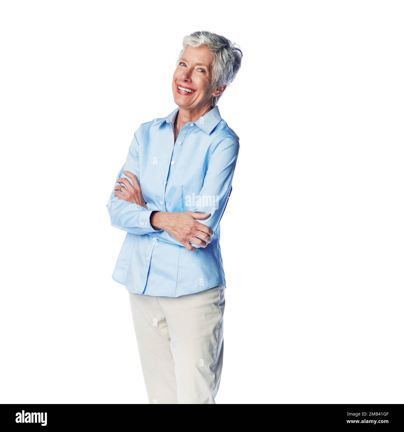 Senior woman, relax and portrait in studio, smile and happy while ...