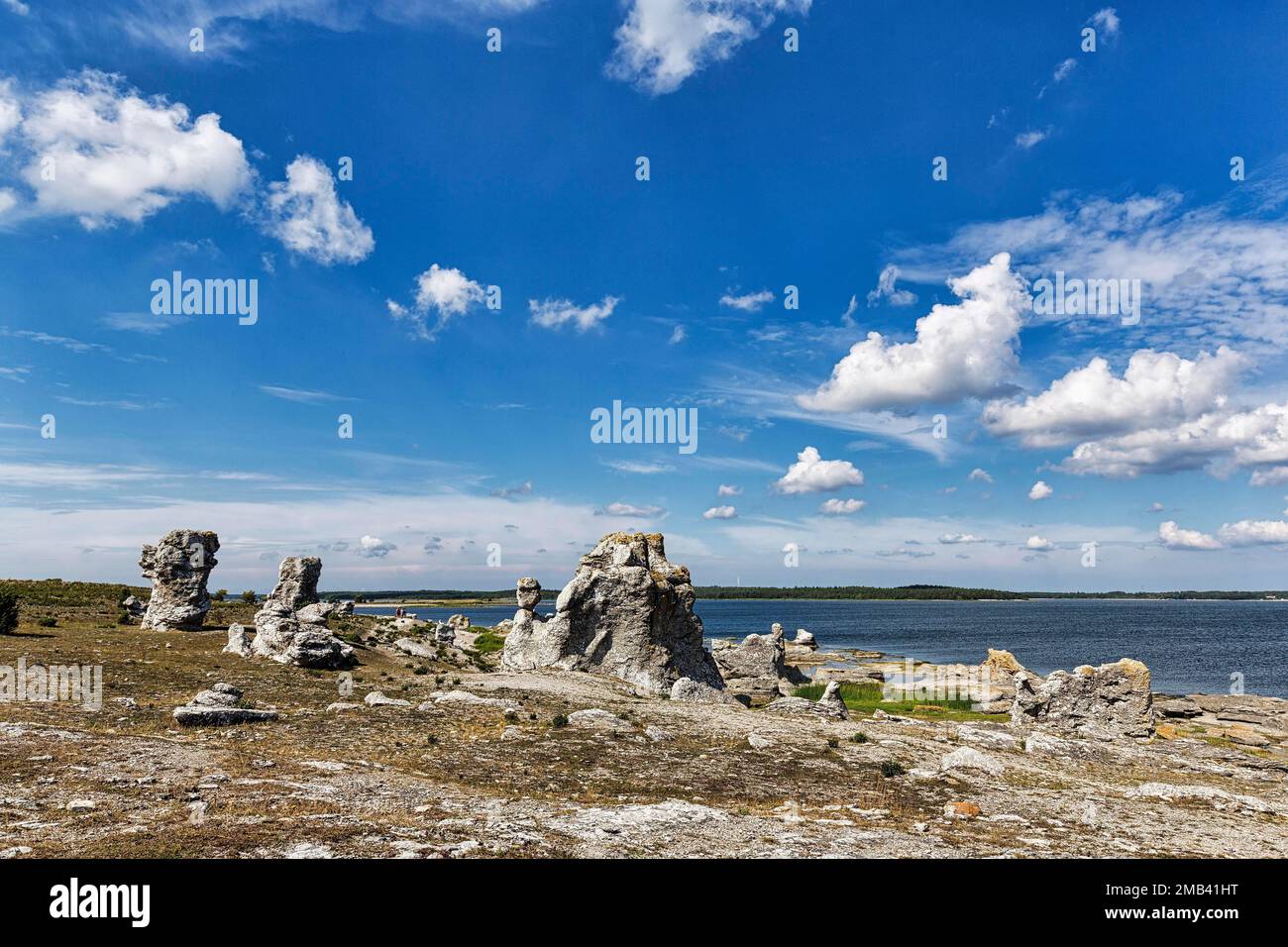 Raukar, limestone columns, rocks of reef limestone on the coast, erosion, uninhabited island of ...