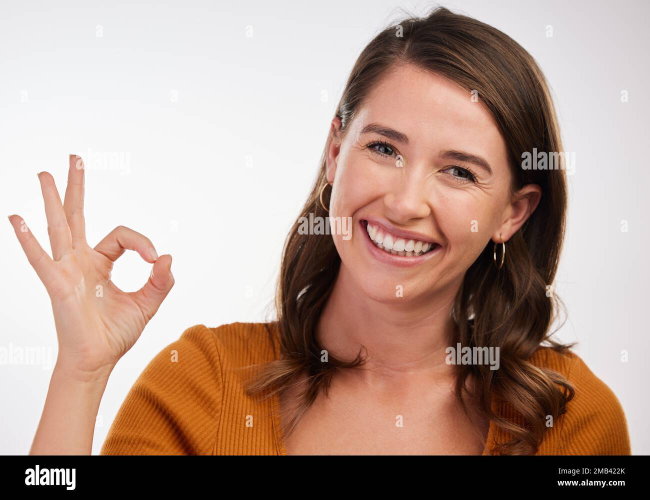 How was lunch. Studio shot of a young woman making an OK sign with her ...