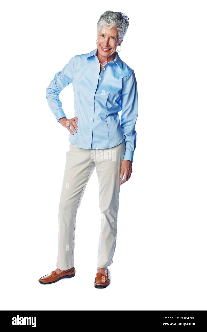 Senior woman, relax and portrait in studio, smile and confident while ...