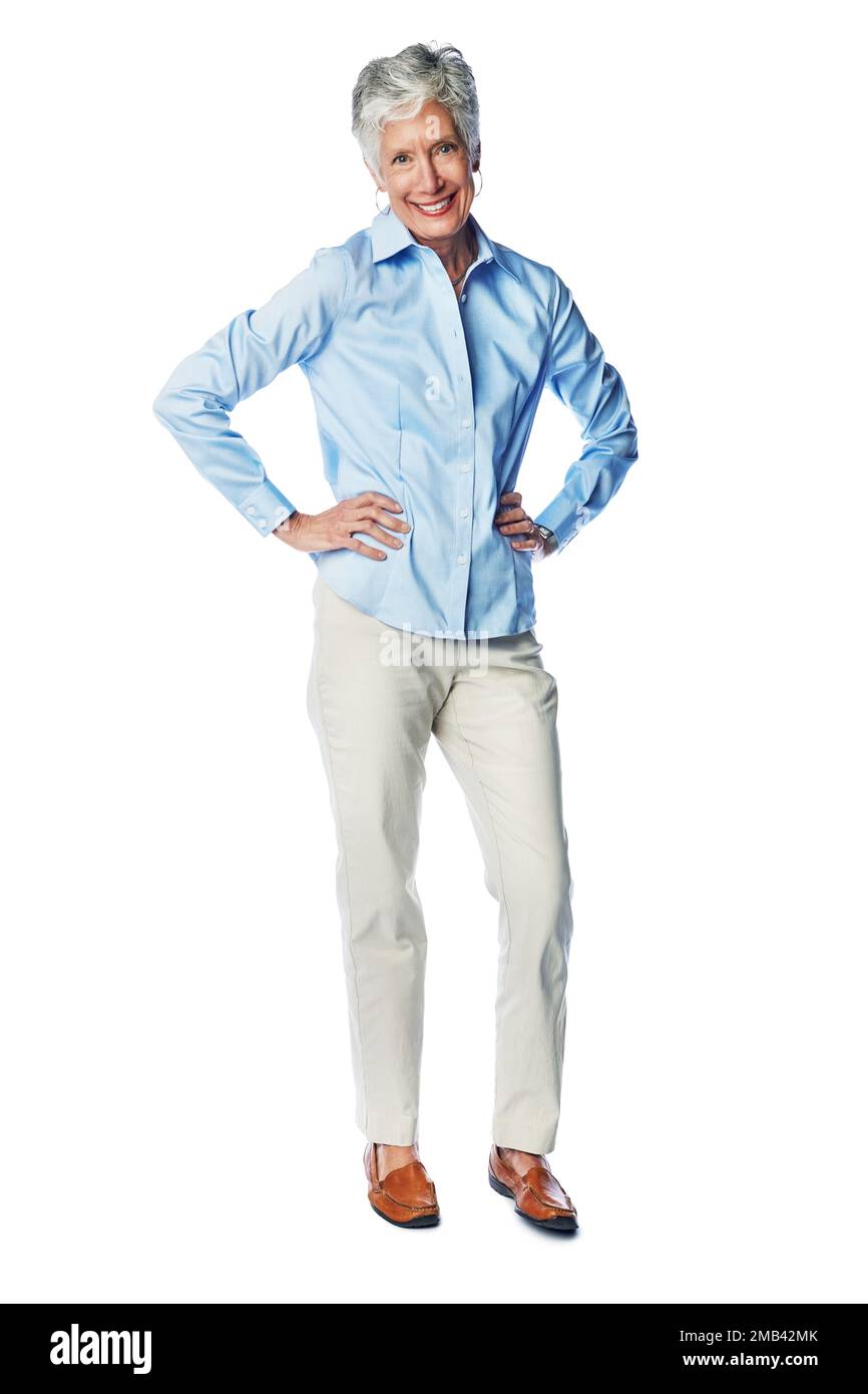 Happy, portrait and senior woman is studio, smile and cheerful while ...