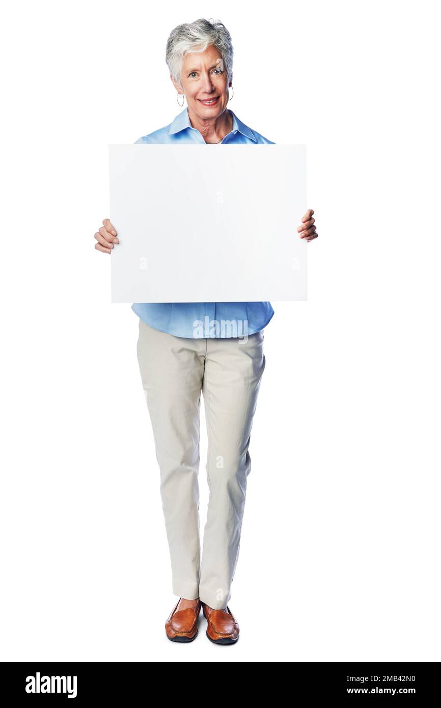 Poster, portrait mockup and senior happy woman with marketing placard ...