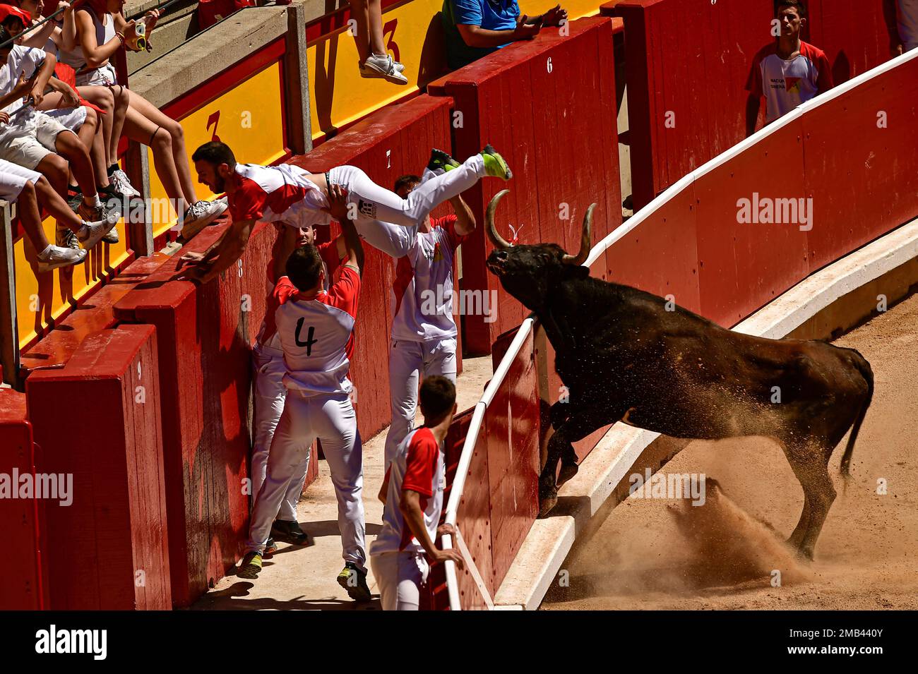 A participant jumps over a barrier in the bullring to protect himself ...
