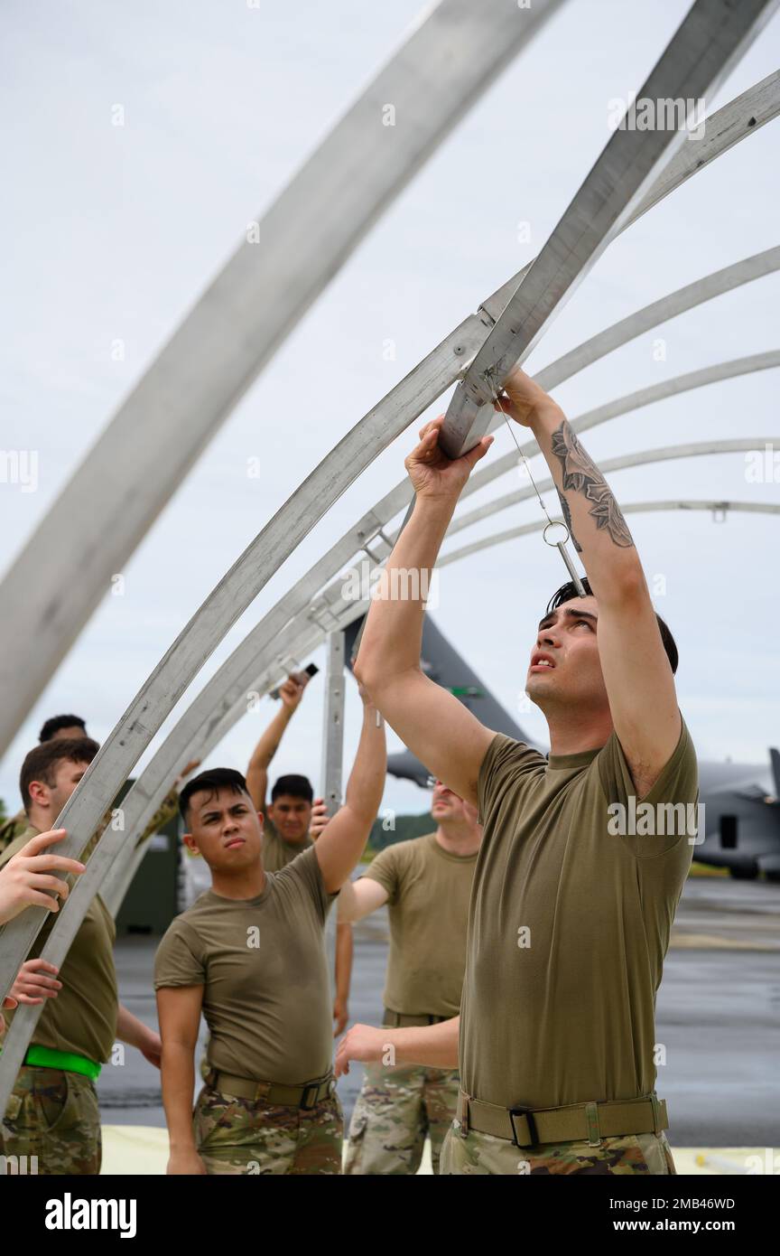 U.S. Airmen assigned to the 354th Air Expeditionary Wing set up a small ...