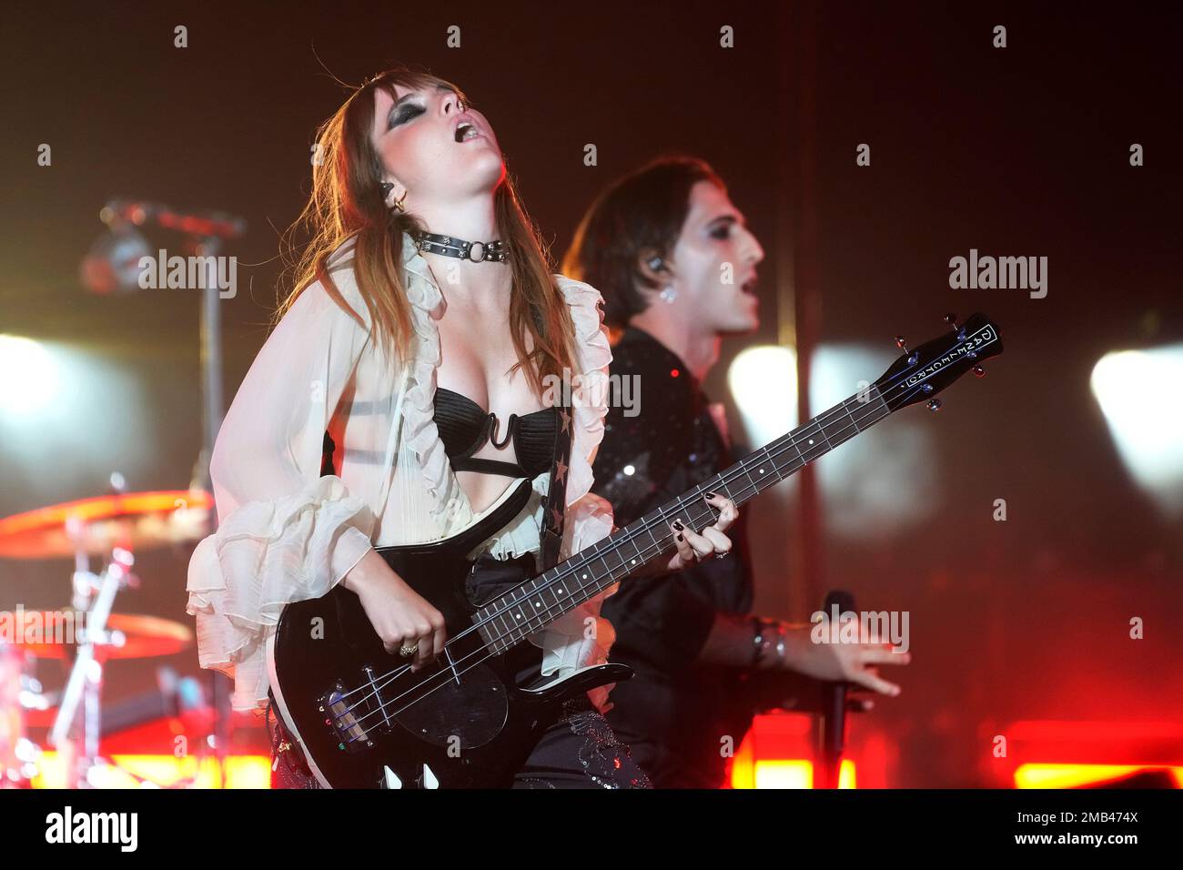 Italian band Maneskin performs during their concert in Rome, Saturday ...