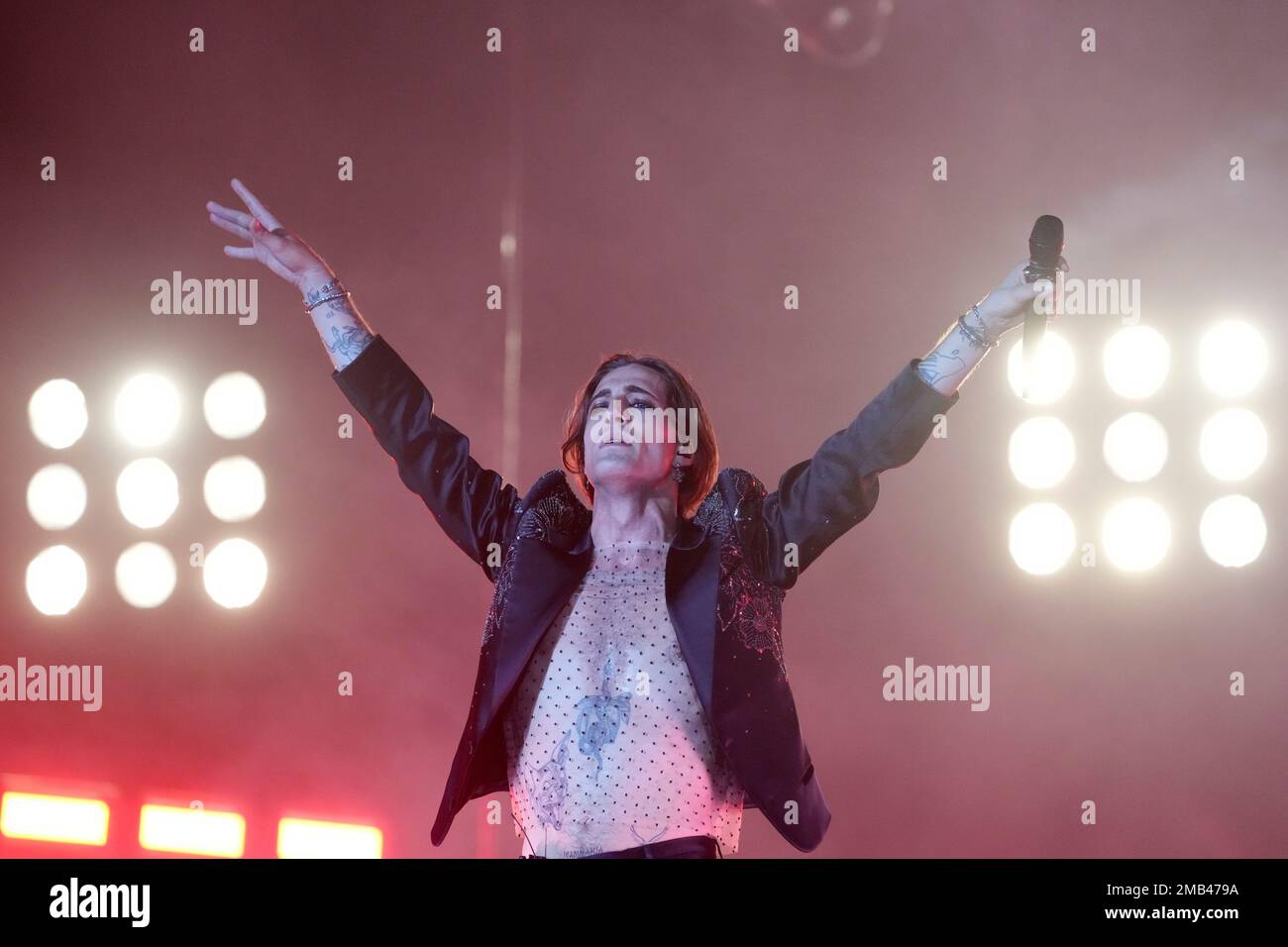 Maneskin's frontman Damiano David performs during the concert in Rome ...