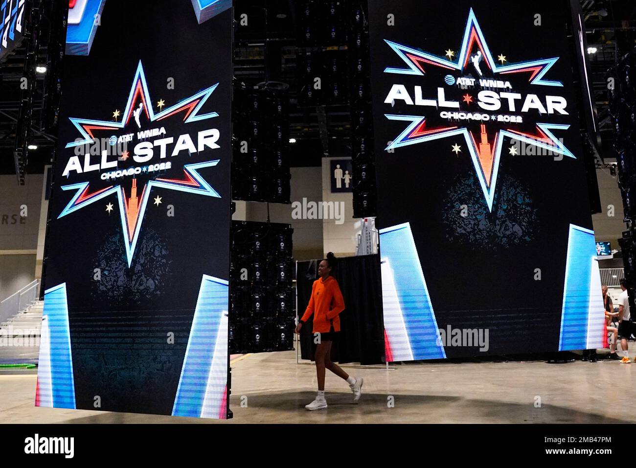 Signs are displayed during a practice for the WNBA All-Star basketball ...