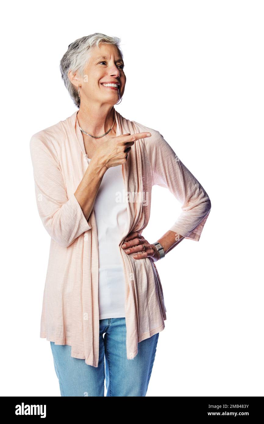 Studio, mockup and senior woman point at marketing sales promotion ...