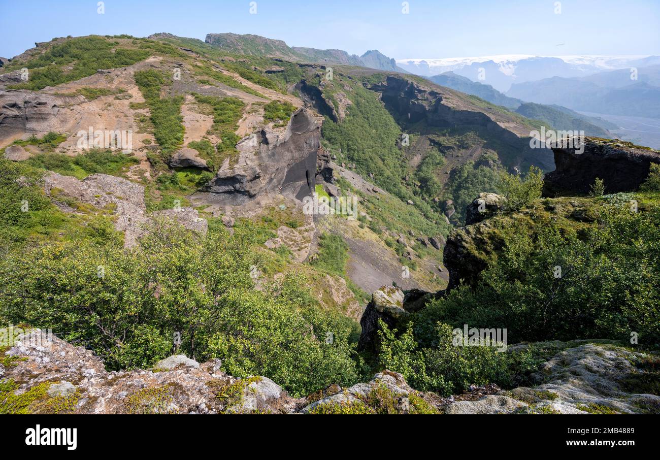 Furrowed mountain landscape of tufa rocks, on the ridge of Tindfjoell ...