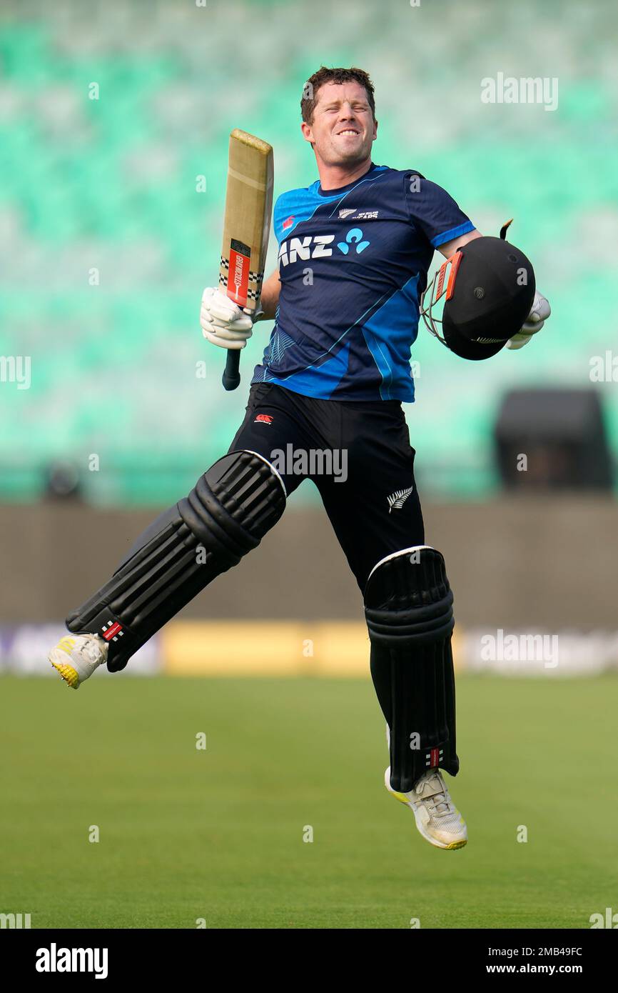 New Zealand's Henry Nicholls leaps in the air to do mock celebration ...