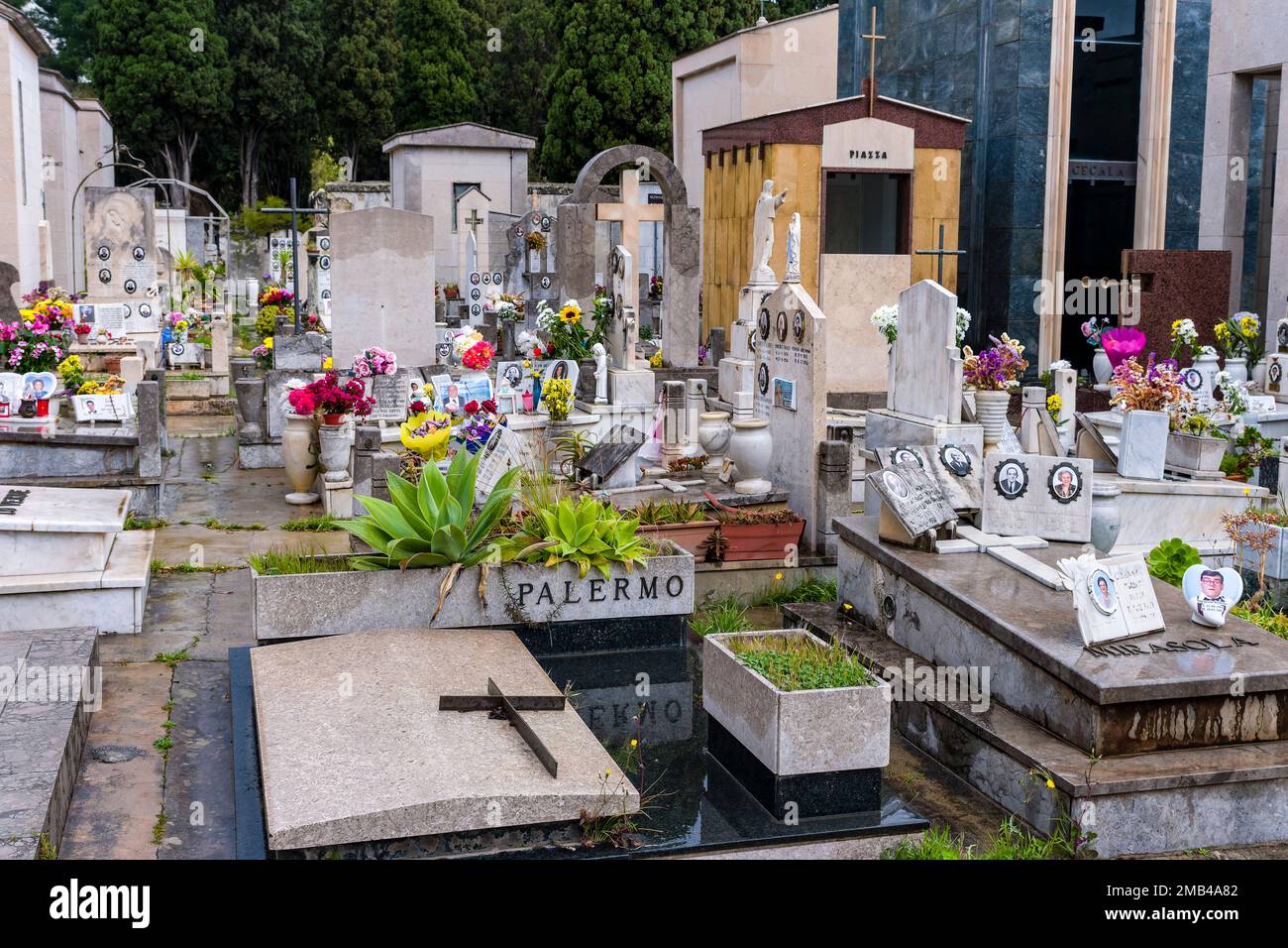Graves, sculptures, photos and flowers in the cemetery Cimitero dei ...