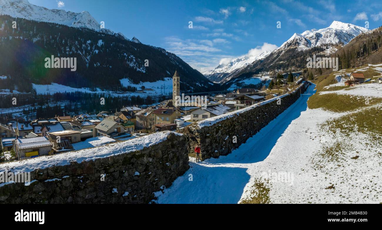 Panorama, drone image, village view and avalanche barrier, Airolo ...