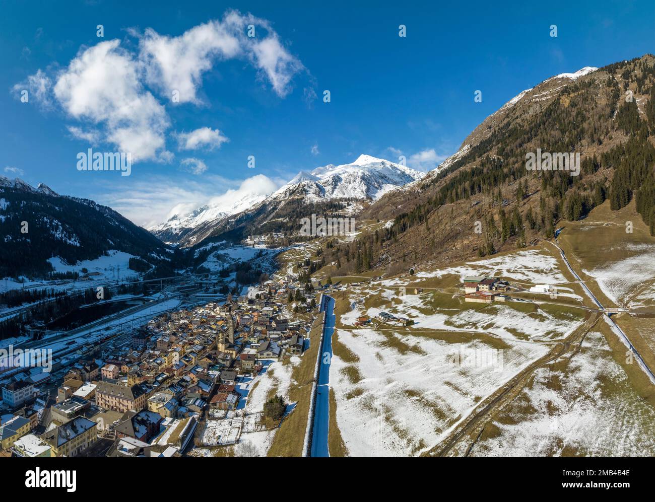 Panorama, drone image, village view and avalanche barrier, Airolo ...