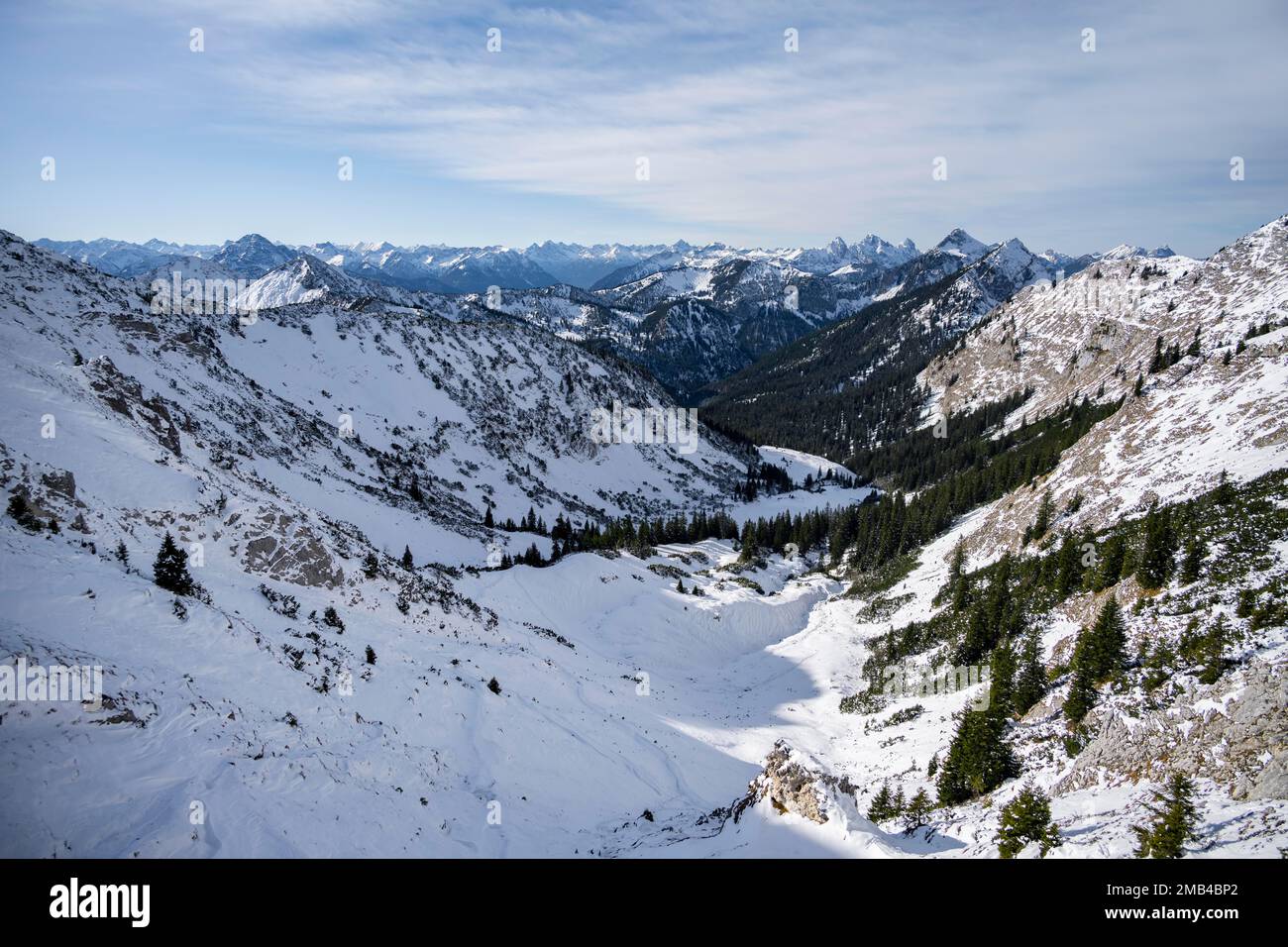 Lonely mountain valley, view of Tannheimer Berge with Gimpel and Rote ...